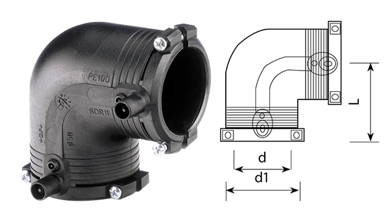 Elbow 90° with integral pipe fixation